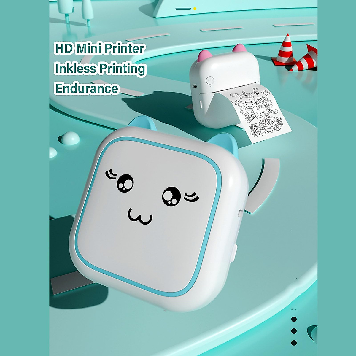 XMEYE Mini Printer Portable, Small Inkless Sticker Maker Machine with 8 Rolls Papers, Cute Cartoon Pattern Bluetooth Cordless Thermal Receipt Printers for Learning, Study Notes (Redness)