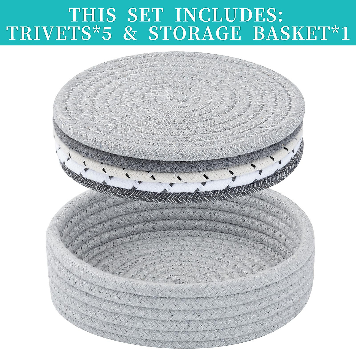 Trivets for Hot Dishes, Trivets for Hot Pots and Pans, Heat Resistant Hot Pads with Storage Basket, Pot Holders for Kitchen, Home Essentials, Farmhouse Decor (Mix Gray 5 PCS)