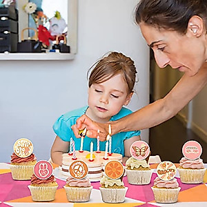 24pcs Two Groovy Retro Hippie Boho Cake Toppers Cupcake Ring Decor for Kids Retro Hippie Boho Theme Birthday Party Supplies Baking Decorations Party Favors