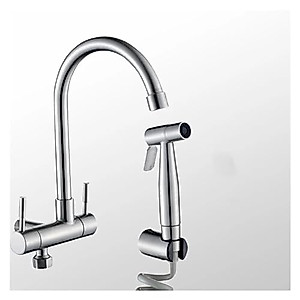 304 Stainless Steel Kitchen Faucet Wall Mounted Double Handle Single Cold Water Faucet Sprayer Balcony Sitz Bath Nozzle (Color : A)