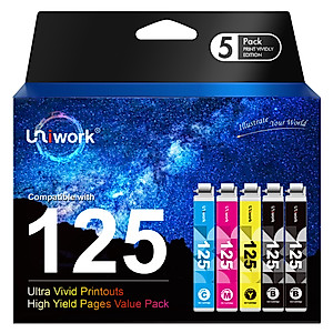 Uniwork Remanufactured Ink Cartridge Replacement for Epson 125 T125 use for NX125 NX127 NX130 NX230 NX420 NX530 NX625 Workforce 320 323 325 520 Printer Tray (2 Black, 1 Cyan, 1 Magenta, 1 Yellow)
