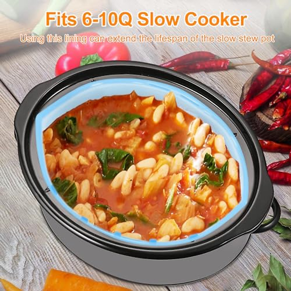Ghojet Silicone Slow Cooker Liners Fits 6-10 QT Crock Pot Orange and Blue Silicone Crock Pot Liners Reusable Crock Pot Bags Liners for Round or Oval Pots Large Size Dishwasher Safe Leak-Proof Cooking