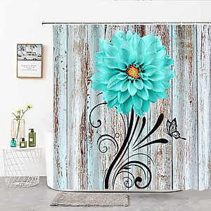 Teal Dahlia Floral Shower Curtain Daisy Flower Butterfly Country Farmhouse Rustic Turquoise Wooden Board Plank Barn Door Bathroom Decor Accessories Polyester Fabric Set with 12 Hooks 70 X 70 in