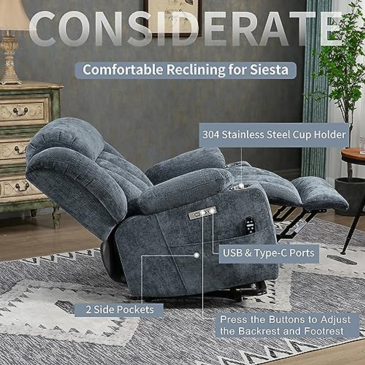 Trustyue Power Lift Recliner Chair for Elderly, Lift Chair with Full-Body Massage and Heat, Hand Remote Control, Upgraded Powerful Motor, USB Ports, Stainless Steel Cup Holders, Chenille Blue