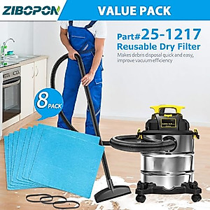 8 Pack 25-1217 Reusable Dry Filter Replacement for Stanley 1-6 Gallon Wet/Dry Vacuum, with 3 Retaining Bands