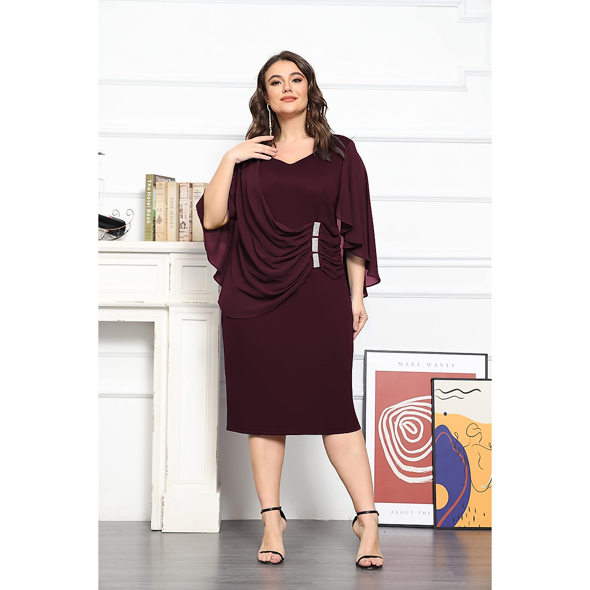 KIMCURVY Women's Cape Chiffon Church Dresses Knee Length Evening Burgundy Pencil Dress L