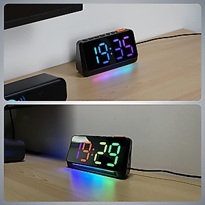 XKX Dynamic RGB Clock - Extra Loud Digital Alarm Clock for Bedroom, Heavy Sleepers, Adults, Kids, Small Bedside Desk Clock with RGB Night Light, LED Display, USB Charger - Cool Black