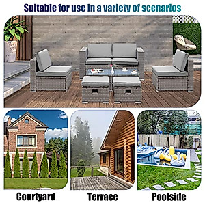 Outdoor Furniture Patio Furniture Set, 8 Pieces Wicker Rattan Conversation Sectional Sofa Couch with Comfortable Cushions for Garden Backyard Deck,Grey Wicker Denim Blue (Grey Wicker Grey Cushion)