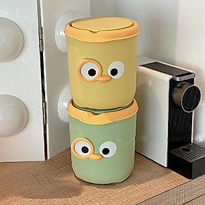 WOOXGEHM Plastic Mini Trash Can with Lid, Cute Cartoon Design, Small Desktop Trash Can for Home/Office/Kitchen/Dresser Desktop/Bedroom/Bathroom(Yellow)