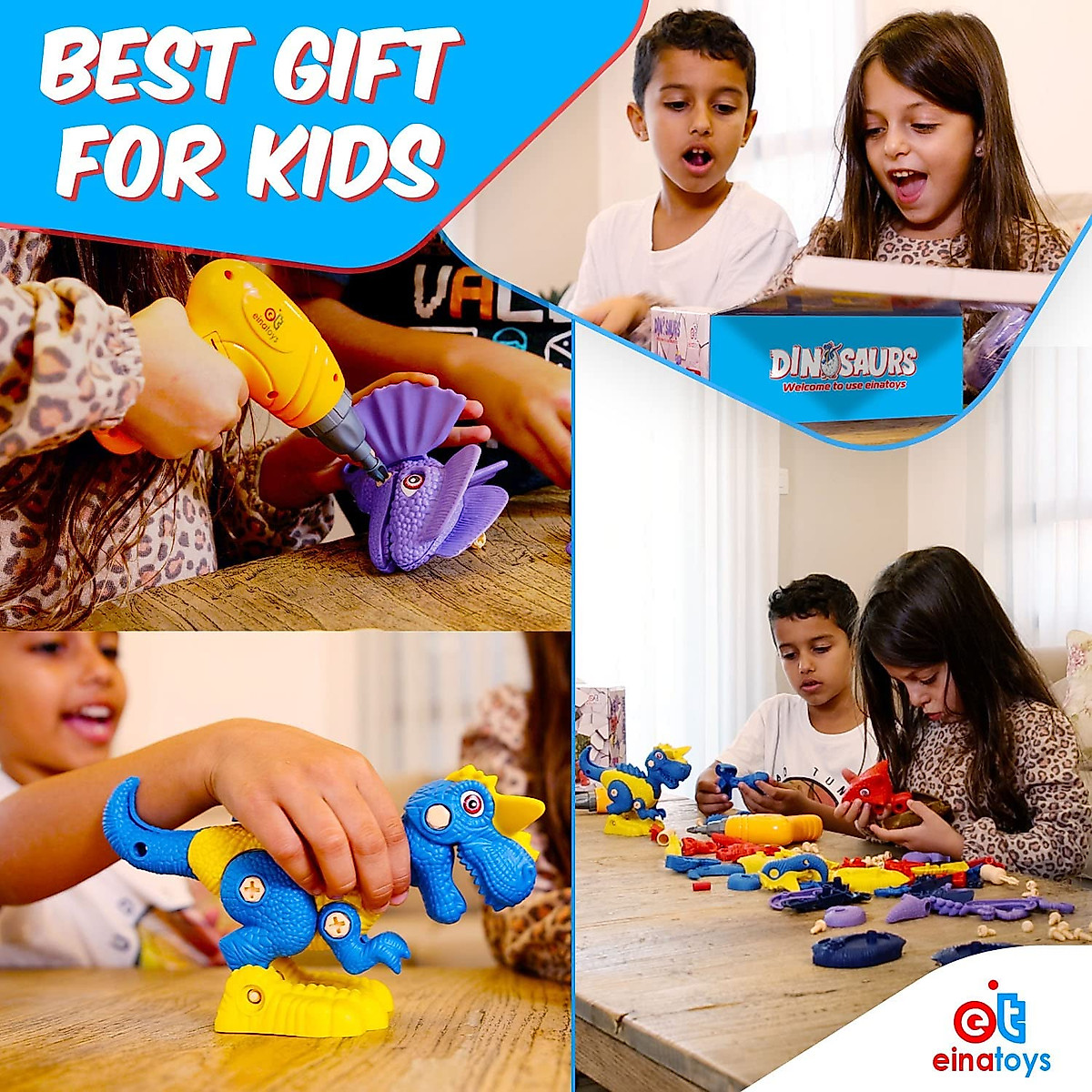 einatoys Take Apart Dinosaur Toys for Boys & Girls – Ages 3, 4, 5, 6, and 7 STEM Building Toys with Electric Drill – 3 Pc. Construction Building Toy Dinosaur Set – Fun and Educational Birthday Gift