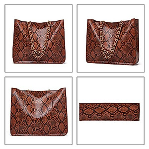 Oichy Leather Tote Bag for Women Large Purses and Handbags Snakeskin Pattern Shoulder Bag Ladies Purse with Chain Strap (Red)