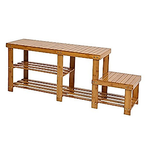 LUCKYERMORE 2 Tier Bamboo Shoe Rack Bench Entryway for 7 Pairs of Shoes and 1 Pair of Boot, Functional Rack Shelf as Plant Stand, Tower Rack, Storage Bench for Bathroom Mudroom Closet