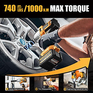 Takuoo Cordless 1/2 inch Brushless Impact Wrench, Max Torque (1000N.m) 740Ft-lbs Electric Impact Gun w/2x 4000mAh Battery, Charger & 6 Sockets, Power Impact Driver for Car Home