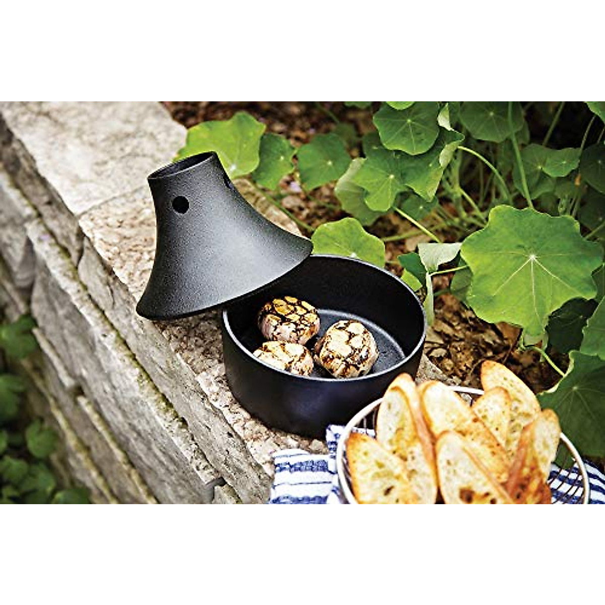 Outset 76633 Cast Iron Beer Can Chicken Stand, Garlic Roaster and Flavor Infuser, Black