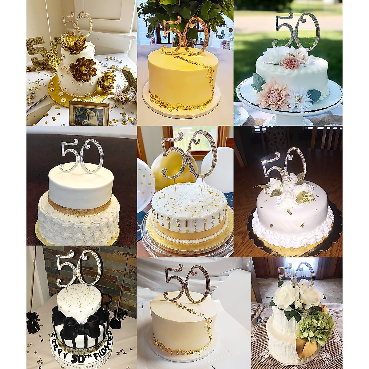 Honbay 50 Birthday Cake Topper Sparkly Bling Alloy Crystal Rhinestones Cake Topper Cake Decoration for 50th Birthday or Anniversary Party (Gold)