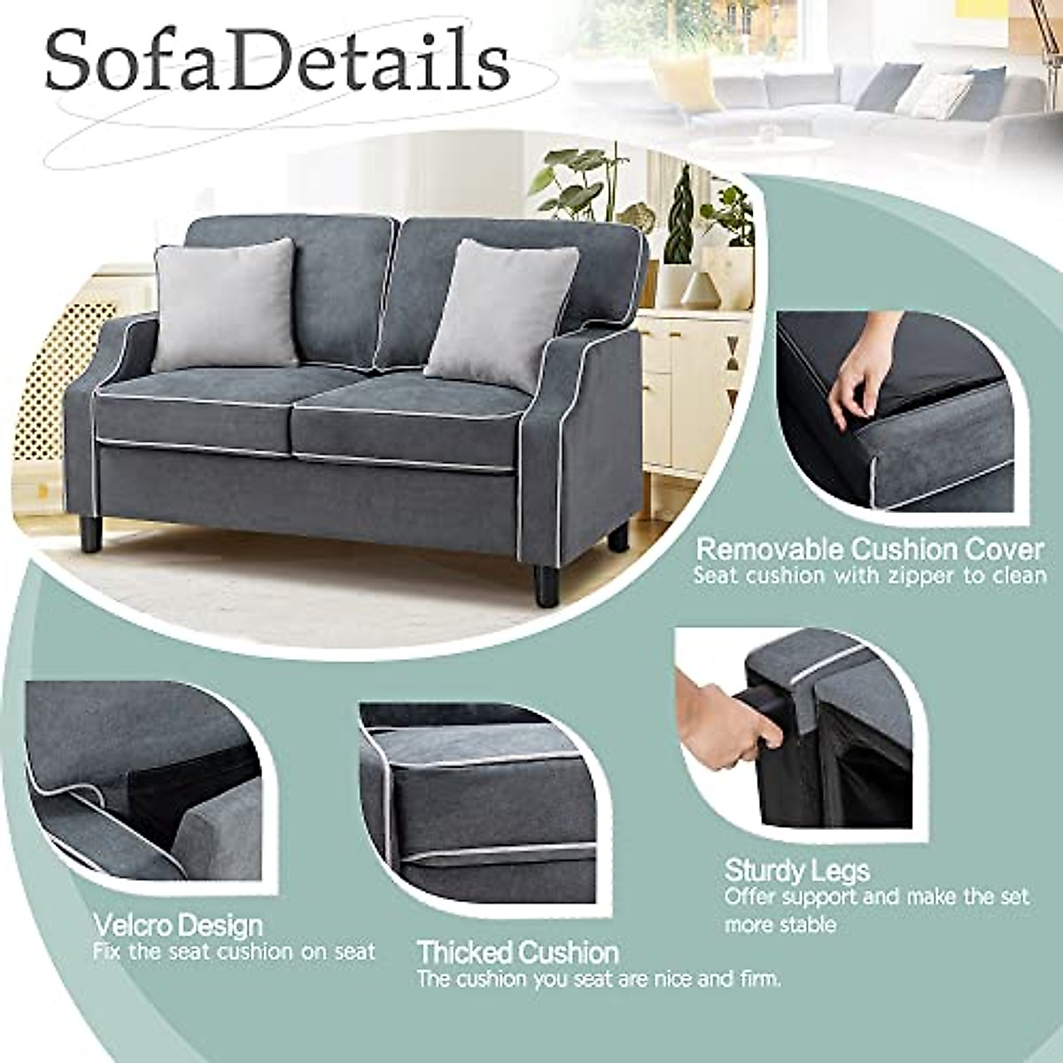 Meilocar 56" Loveseat Couch, Modern Upholstered Love Seats with Armrest and Two Pillows, Small Double Sofa for Bedroom, Apartment, Office and Small Spaces (Blue Gray)