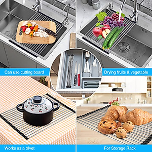 Cuteadoy Dish Drying Rack,18.5’’x13.3’’ Multipurpose Kitchen Roll Up Dish Rack Foldable Stainless Steel Drain Rack Over The Sink Drying Rack for Vegetable Fruit and Dish