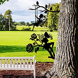 Hotop 3 Pieces Fairy Silhouette Statue Metal Fairy Branch Decoration Steel Fairy Metal Craft Outdoor Garden Butterfly Flower Decor Branch Tree Metal Art for Indoor Outdoor Home Yard Patio Lawn