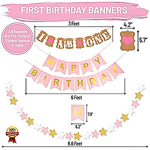 1st Birthday Girl Decorations WITH Birthday Crown- Baby First Birthday Decorations Girl - Pink and Gold Party Supplies - One Balloon, Heart and Confetti Balloons, Happy Birthday Banner ONE Cake Topper
