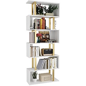 Yusong Geometric Bookcase, S Shaped Bookshelf 6-Tier Book Shelves for Bedroom, Modern Wood Decorative Display Shelf Tall Book Case for Home Office, Gold and White