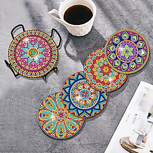Diamond Painting Coasters, 6 Pcs Mandala Diamond Painting Coasters with Holder, Diamond Art Kits for DIY Coasters, 5D Diamond Painting Kits for Adults and Kids
