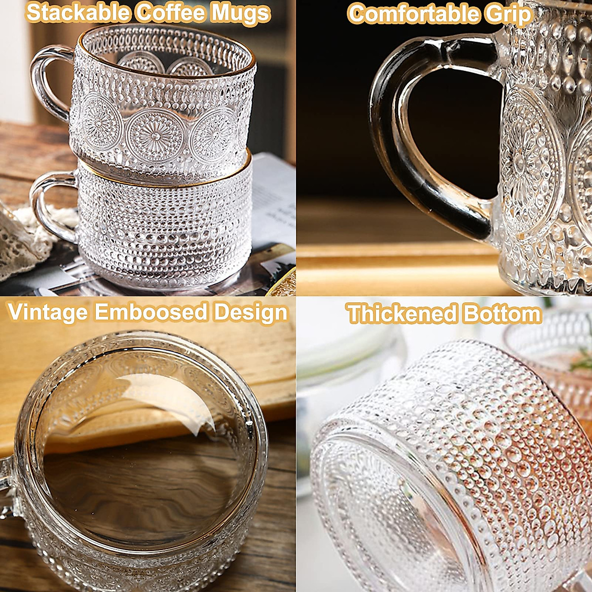 SZHTSWU Vintage Glass Coffee Mug, 14 Ounces Clear Embossed Glass Cup with Gold Rim, Breakfast Cups with Gold Spoon, Drinking Glasses with Handle for Latte, Milk, Cereal, Beverages (Sunflower)