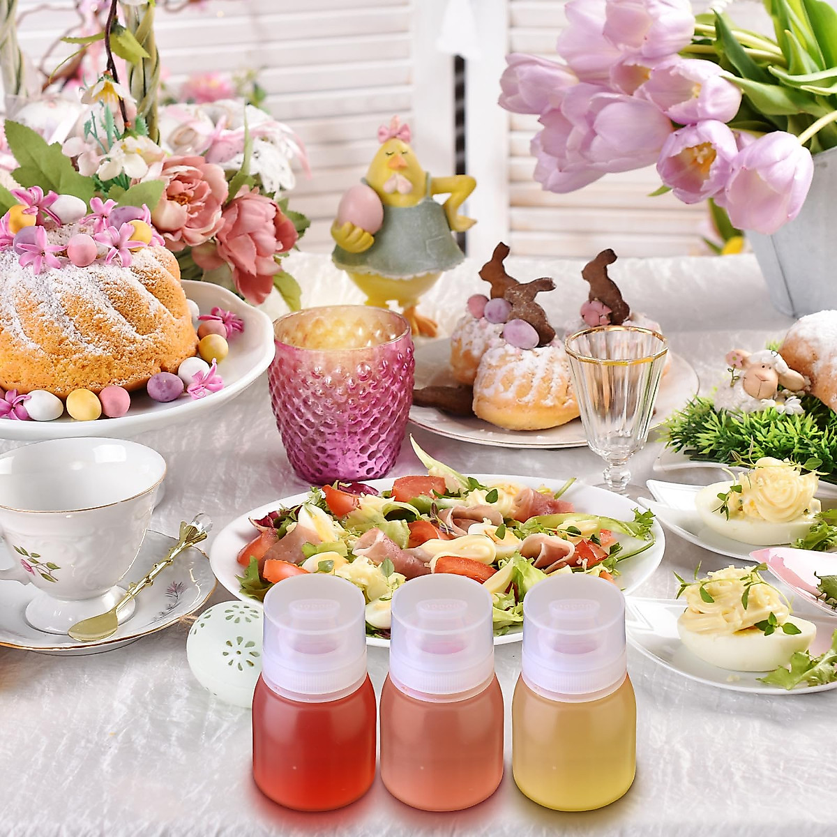 Eccliy 24 Pcs Porous Condiment Squeeze Bottles Salad Dressing Container 5 Hole Ketchup Squeeze Container Salad Dressing Bottle BBQ Sauce Bottles Condiment Dispenser with 2 Funnel for Oil Syrup (6 oz)