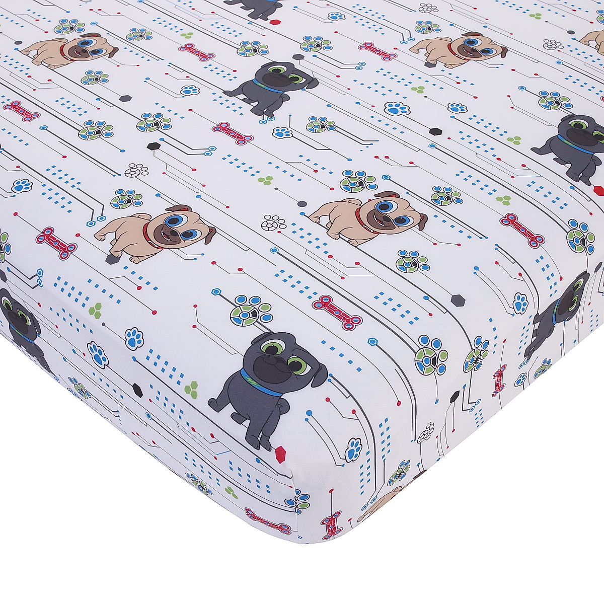 Disney Puppy Dog Pals Puppy Pals Fun White, Blue, & Green 2Piece Toddler Sheet Set - Fitted Bottom Sheet & Reversible Pillowcase, Blue, Green, Grey, White