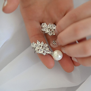 Mariell Ivory Pearl Drop Bridal Earrings with Cubic Zirconia Crystals, Large Size Dramatic Statement Earring, Bridal Jewelry for Wedding, Mother of the Bride