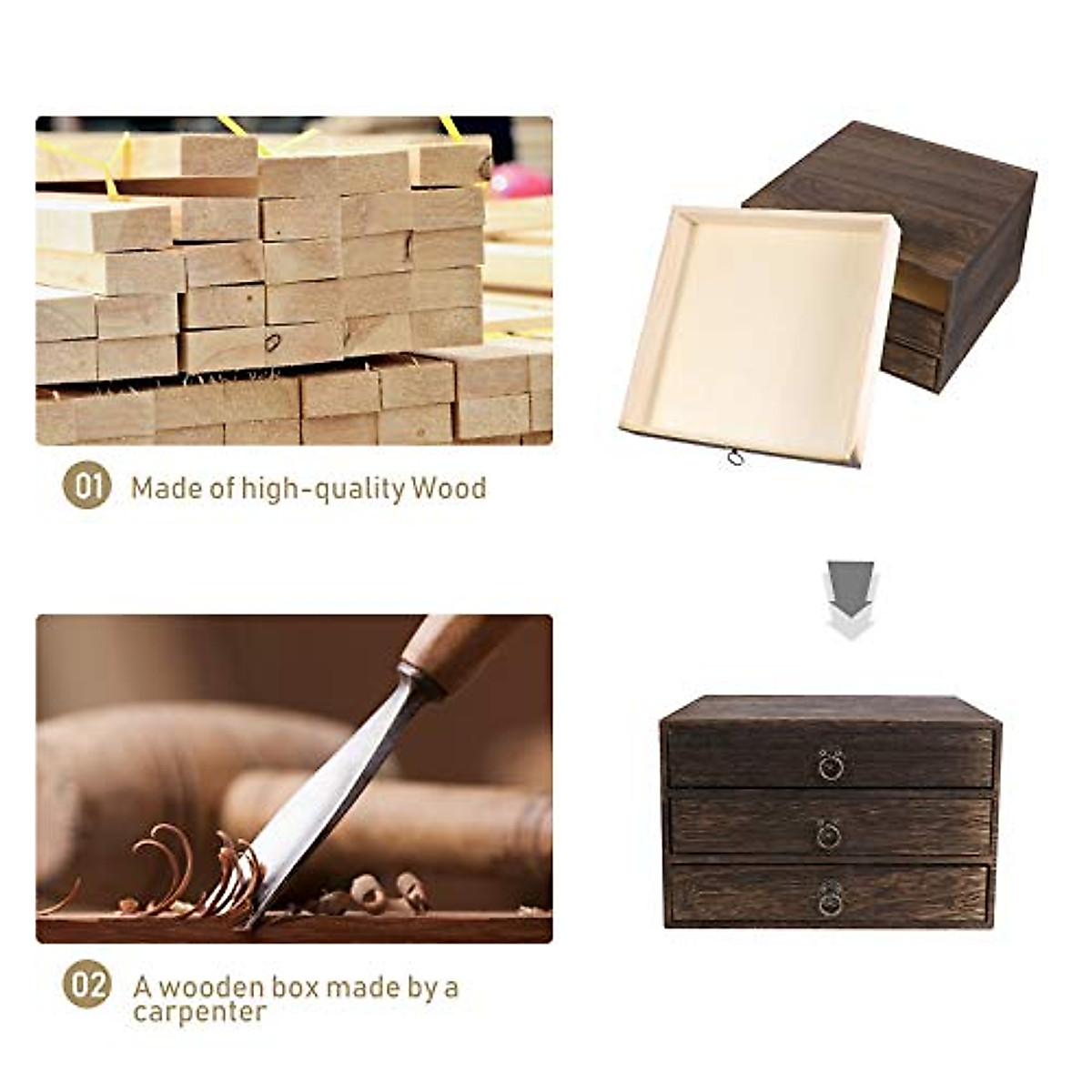 Cabilock Storage Wood Tier Accessories Office Cosmetics Drawer Shallow Kitchen Counter Sundry Cosmetic Wooden Supplies Container Holder Layer Organiser Drawers Retro Stackable Jewelery