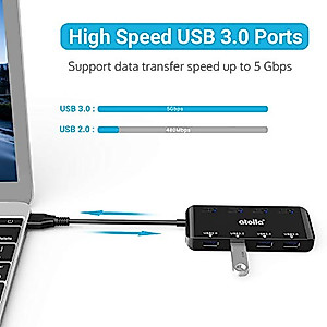USB 3.0 Hub Splitter - USB Extender 4 Port USB Ultra Slim Data Hub with Individual Power Switch and LED