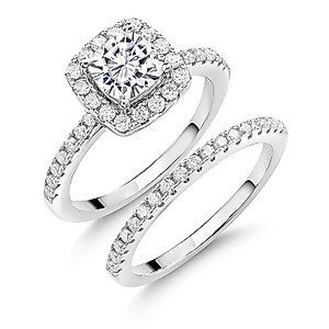 Gem Stone King 925 Sterling Silver Moissanite Women Wedding Engagement Ring Band Bridal Set (1.62 Cttw, Available in size 5, 6, 7, 8, 9)