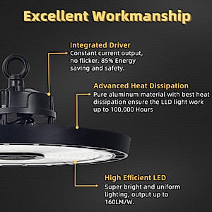 UFO LED High Bay Light, 150W/100W/80W, 5000K/4000K Adjustable, 25000Lumens, 0-10V Dimmable, Super Bright LED Shop Light, AC100-277V, IP65 Commercial Bay Lighting for Garage Warehouse, DLC Qualified