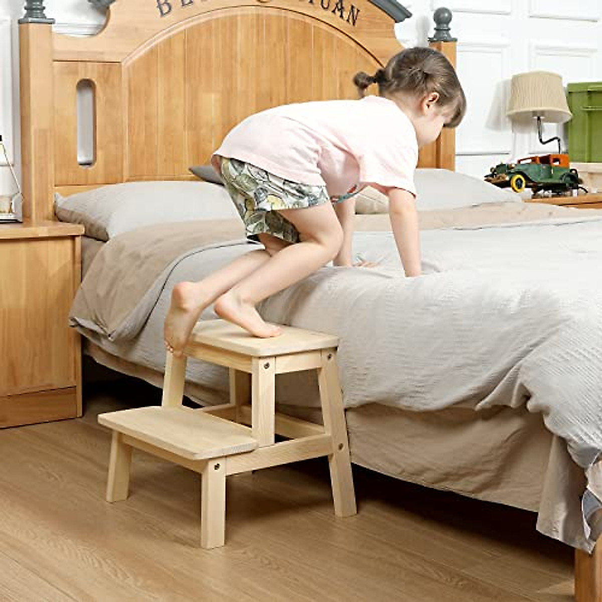 HOUCHICS Wooden Step Stool for Adults Kids, Solid Wood Bed Step Stool, Multi-Purpose 2-Step Stool for Kitchen, Bed, Bathroom（Natural）