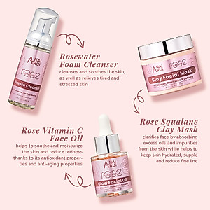 ANAiRUi Skin Care Set, Facial Kit for Women, Rose & Squalane Face wash and Moisturizer Set with Clay Mask, Face Cleanser and Facial Oil, Purify, Hydrate, Radiant, Rose Travel Skincare Set