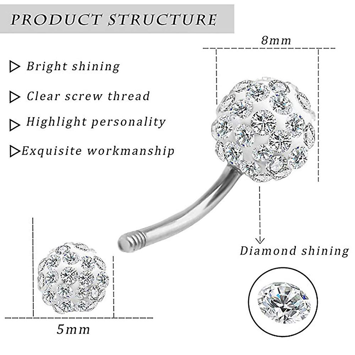 Gabry&jwl Crystals Belly Button Rings14G Stainless Steel Curve Navel Rings Shamballa CZ Sparkly Disco Balls Belly Rings Belly Piercing Jewelry for Women(White)