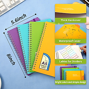 CAGIE 4 Pack Spiral Notebook 5x7 Lined Journal Notebook College Ruled 320 Sheets in Total, 4 Subject A5 Spiral Notebooks for Work School and Notes, 8 Multicolor Tab Stickers Yellow Green Blue Purple