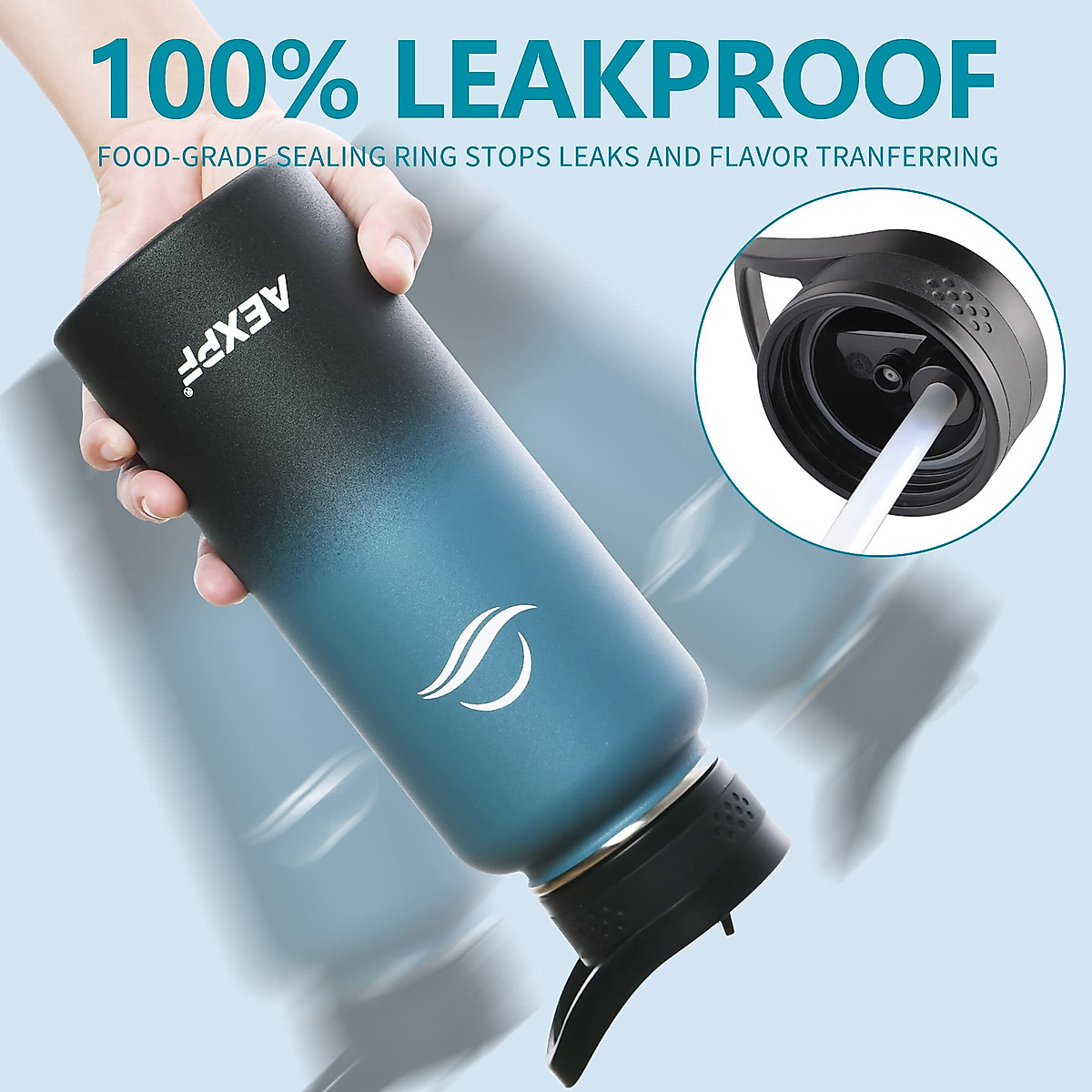 AEXPF 40 oz Insulated Water Bottle, Stainless Steel Vacuum Sports Water Bottle with 3 Lids, Durable Leakproof Metal Thermos, BPA-free Water Flask Jug with Strap for Gym Camping, Indigo Black Gradient