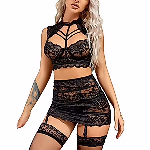 Ladies & Men's story Women's Underwire 3 Piece Sexy Lingerie, Collared Stretch Bustier and Garter Skirt with G-String, Strappy Lace Bra & Panty Set(Black, XXL)