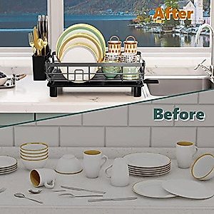 AIDERLY Iron Dish Drying Rack with Drainboard Dish Drainers for Kitchen Counter Extendable Spout Strainers with Utensil Holder and Knife Slots, Grey