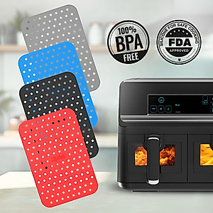 Reusable Air Fryer Liners 4 Pack for Dual Basket Fryers - Rectangle Silicone Airfryer Liners - 5.25 x 8” for Basket - Easy to Clean Air Fryer Accessories - Non-Stick Parchment Paper Replacement