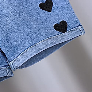 QinCiao Baby Toddler Girls Roll Hem Denim Shorts Elastic Waist Embroidery Bottoms Jeans Hot Pants Heart 18-24 Months
