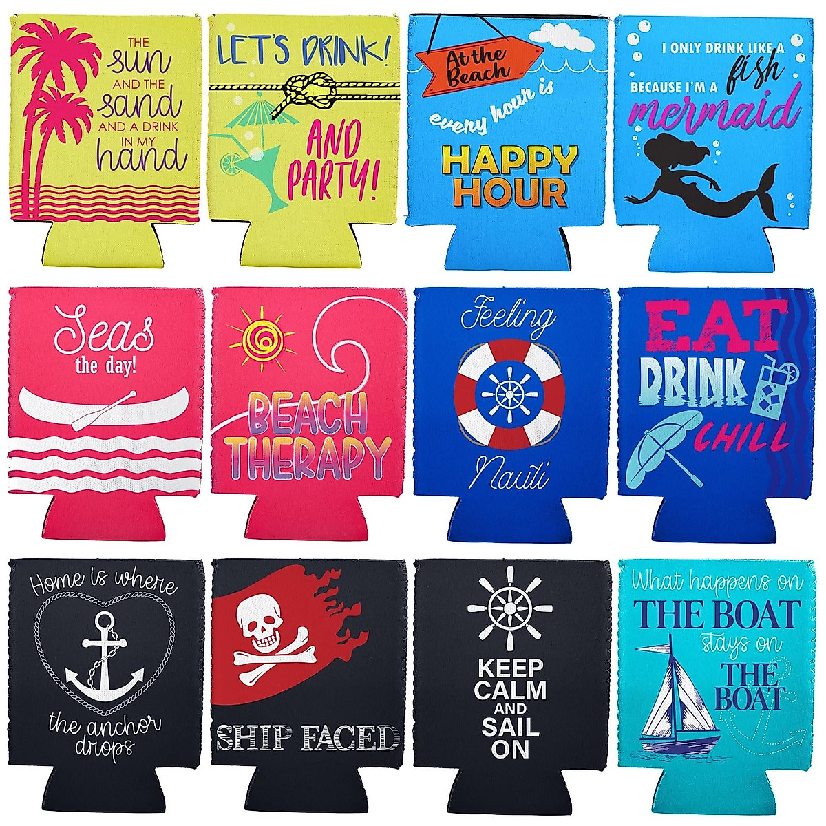 12 oz Beach Themed Neoprene Can Cooler Sleeves for Soda, Beer, Beverages (12 Pack)