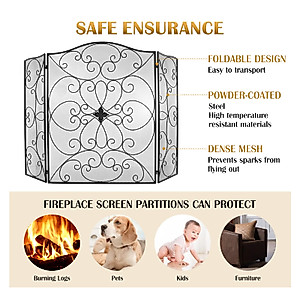 POWLAB Black Fireplace Screen 50 x 36Inch Large 3 Panel Foldable Wrought Iron Free Standing Fireplace Screen Rustic Vintage Arched Mesh Furnace Fireguards Outdoor Iron Protector Fireplace Cover