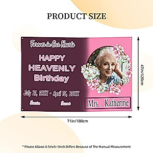 Custom Memorial Banner, Personalized Birthday Banners in Memory with Photo Name Date, Customizable Polyester Happy Heavenly Birthday for Outdoor Porch Patio Decorations 47x71 inches