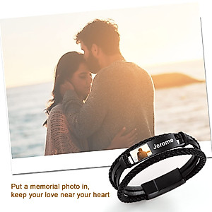 U7 Fathers Gift Bracelet with Picture Side, Braided Black Leather Cuff Bracelet Personalized Photo Printing Custom Engraved Bar Layered Wrap Bracelets for Men Women