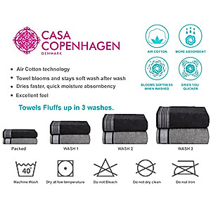 CASA COPENHAGEN Designed in Denmark 550 GSM 2 Large Bath Towels 2 Large Hand Towels 2 Washcloths, Super Soft Egyptian Cotton 6 Towels Set for Bathroom, Kitchen & Shower - Granite Grey & Mirage Grey