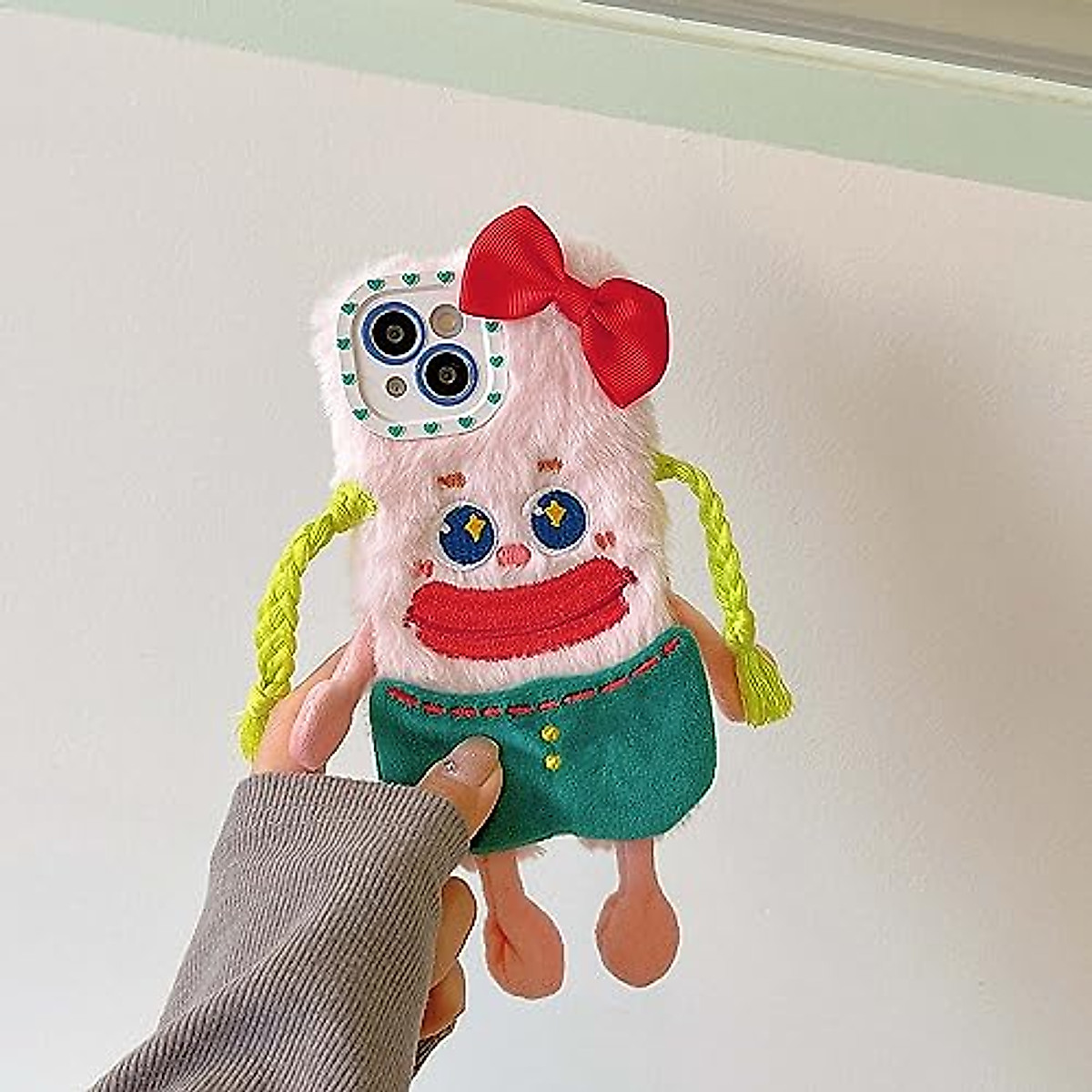 Tewwsdi Compatible for iPhone 14 Phone Case Cute,Kawaii 3D Doll DIY Hair Braids Camera Protector Plush Case,Winter Warm Furry Funny Case for iPhone 14 Women Girls(Green Braids)