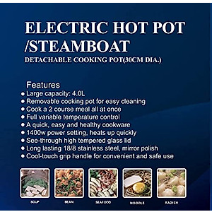 YONGXIN Electric Hot Pot JH-160B-30cm with Divider 304 Stainless Steel, 1400W Dual-Sided Shabu Hot Pot, 4 Liters