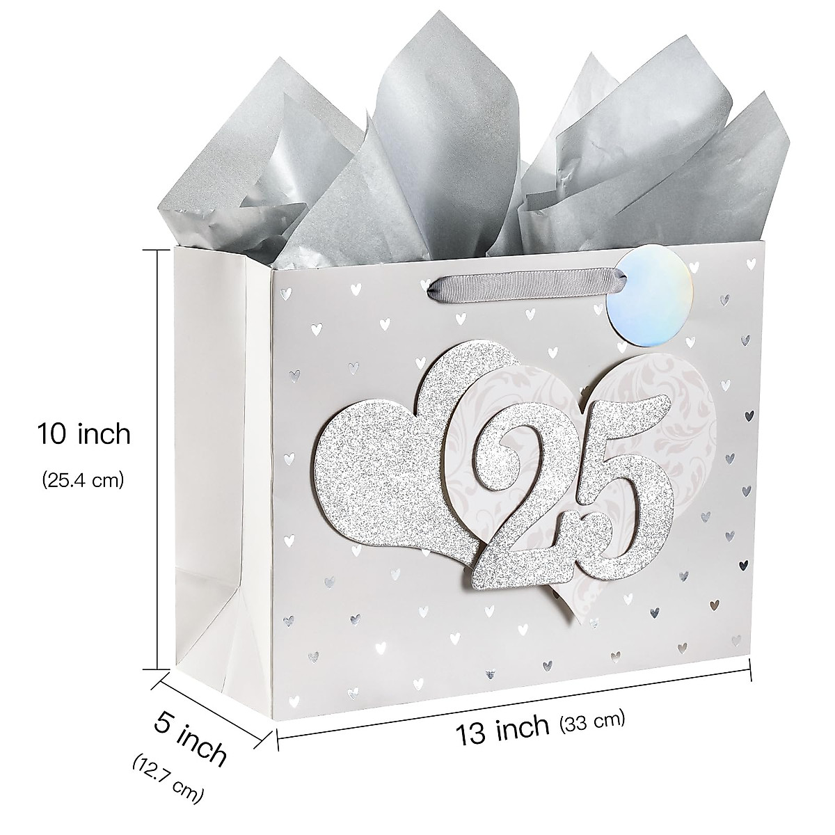 LeZakaa 13" Wedding Gift Bag, Silver Gift Bag with Tissue Paper, Gift Tag and Card - Number 25" with Heart 3D Paster for Silver Wedding Anniversary Celebrations